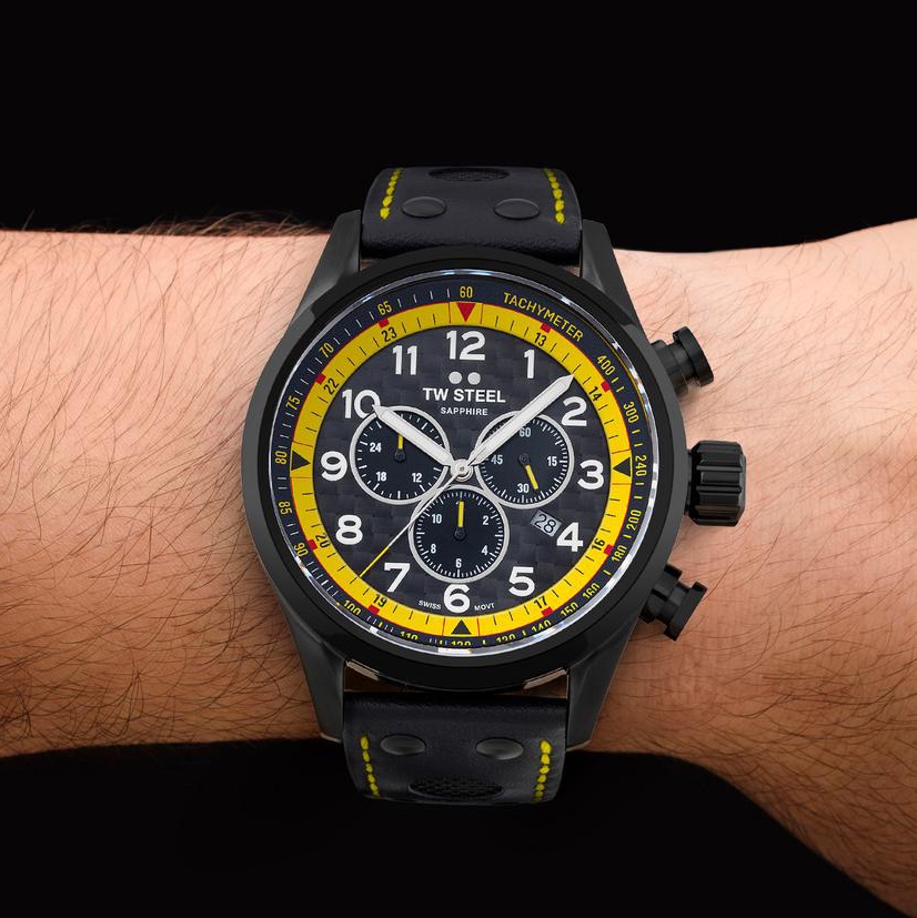 SVS301, Mat sort med gul ring 48 mm Swiss multifuntions quarts med ...